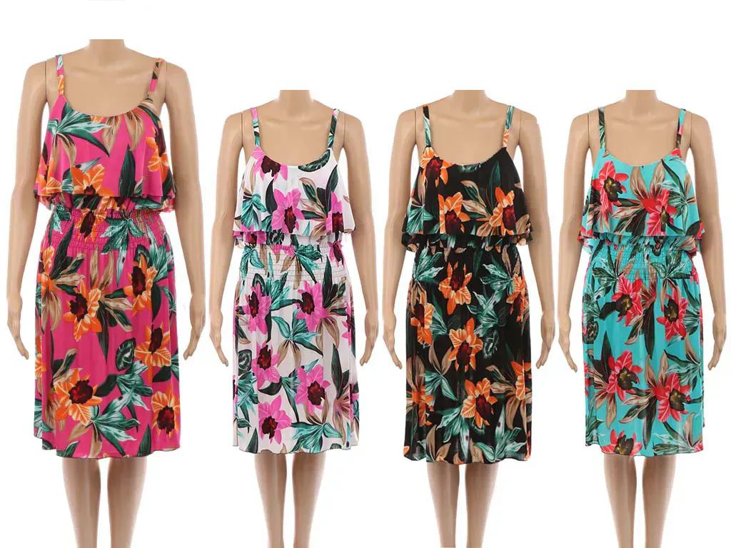 48 Bulk Women's Flower Print Summer Dress Wholesale Mix Colors - at ...