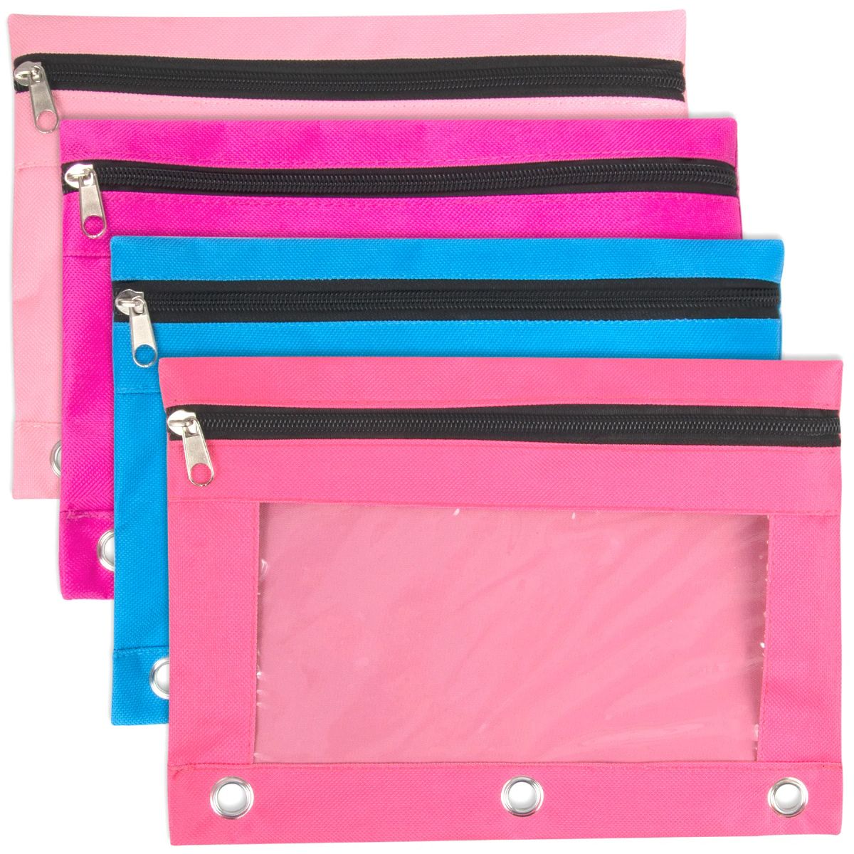 100 Bulk 3-Ring Binder Pencil Pouch With Window 4 Color Girls ...