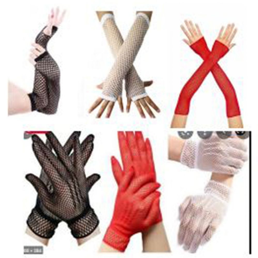 48 Bulk Costume Fishnet Glove 6 Ast Short & Long Fingerless Blk/red ...
