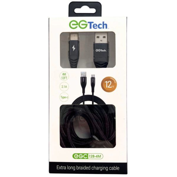 12 Bulk Eg Tech 2.1a Braided 12 Foot Usb Type C Cable In Black - at ...
