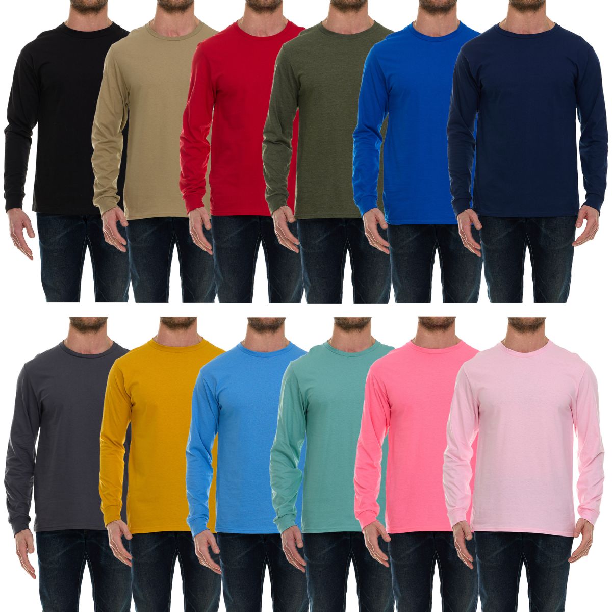 48 Bulk Mens Cotton Long Sleeve Tee Shirt Assorted Light and Dark ...