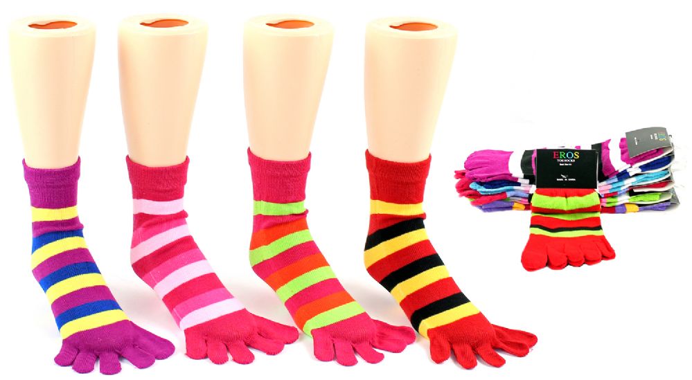 24 Bulk Girl's Toe Socks - Striped Print - Size 6-8 - at ...